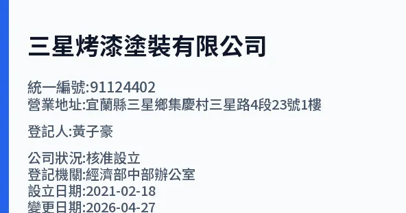 三星烤漆塗裝有限公司的照片-統編 91124402(宜蘭縣) 公司登記資料與營業項目詳細圖表