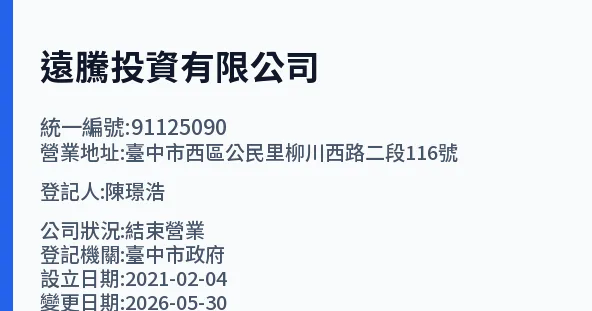 遠騰投資有限公司的照片-統編 91125090(臺中市) 公司登記資料與營業項目詳細圖表