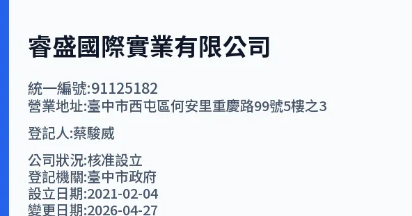 睿盛國際實業有限公司的照片-統編 91125182(臺中市) 公司登記資料與營業項目詳細圖表