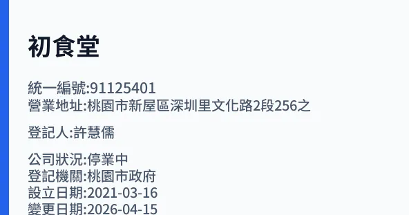 初食堂的照片-統編 91125401(桃園市) 公司登記資料與營業項目詳細圖表