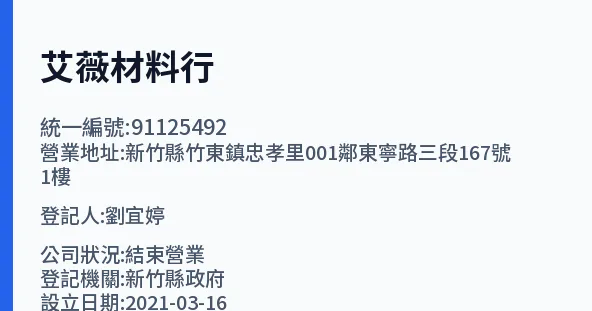 艾薇材料行的照片-統編 91125492(新竹縣) 公司登記資料與營業項目詳細圖表