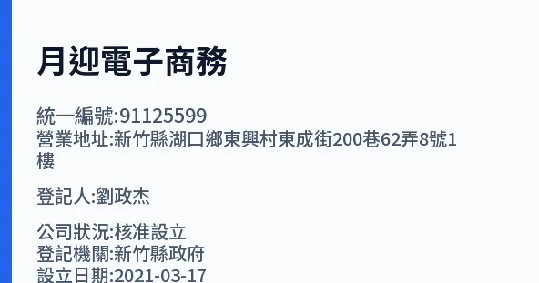 月迎電子商務的照片-統編 91125599(新竹縣) 公司登記資料與營業項目詳細圖表