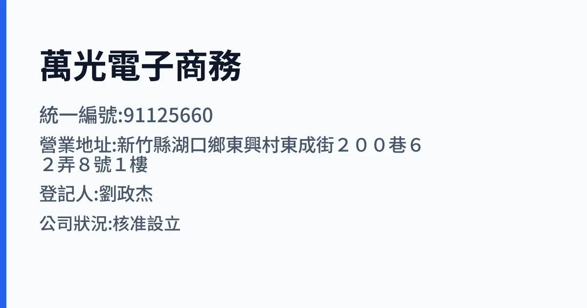萬光電子商務 - 統編 91125660(新竹縣) 公司登記資料與營業項目詳細圖表