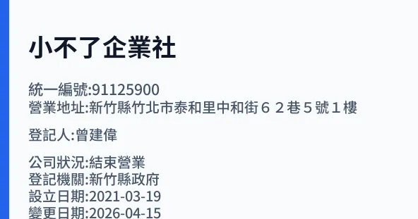小不了企業社的照片-統編 91125900(新竹縣) 公司登記資料與營業項目詳細圖表