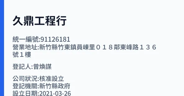 久鼎工程行的照片-統編 91126181(新竹縣) 公司登記資料與營業項目詳細圖表