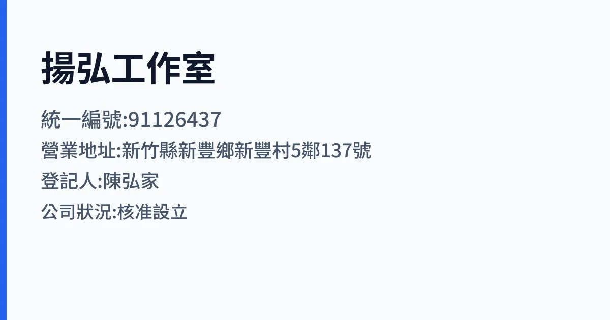 揚弘工作室 - 統編 91126437(新竹縣) 公司登記資料與營業項目詳細圖表