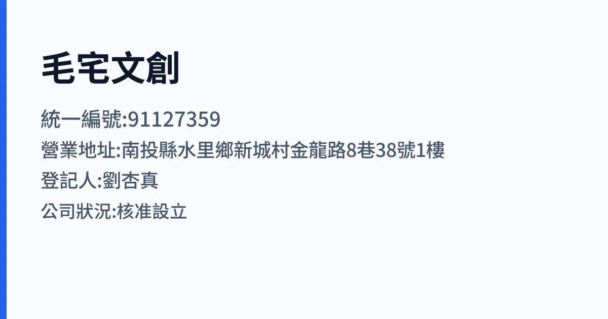 毛宅文創 - 統編 91127359(南投縣) 公司登記資料與營業項目詳細圖表