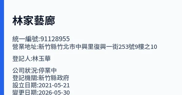 林家藝廊的照片-統編 91128955(新竹縣) 公司登記資料與營業項目詳細圖表