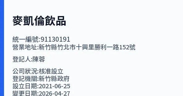 麥凱倫飲品的照片-統編 91130191(新竹縣) 公司登記資料與營業項目詳細圖表