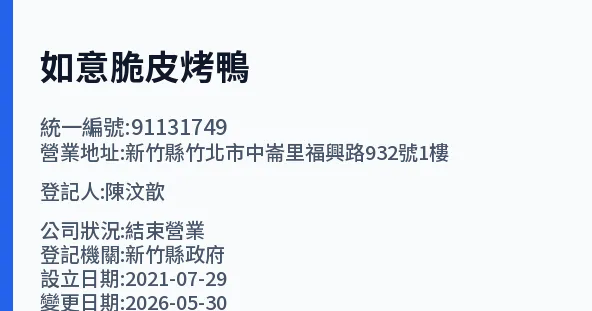 如意脆皮烤鴨的照片-統編 91131749(新竹縣) 公司登記資料與營業項目詳細圖表