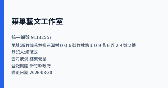 築巢藝文工作室的照片-統編 91132557(新竹縣) 公司登記資料與營業項目詳細圖表