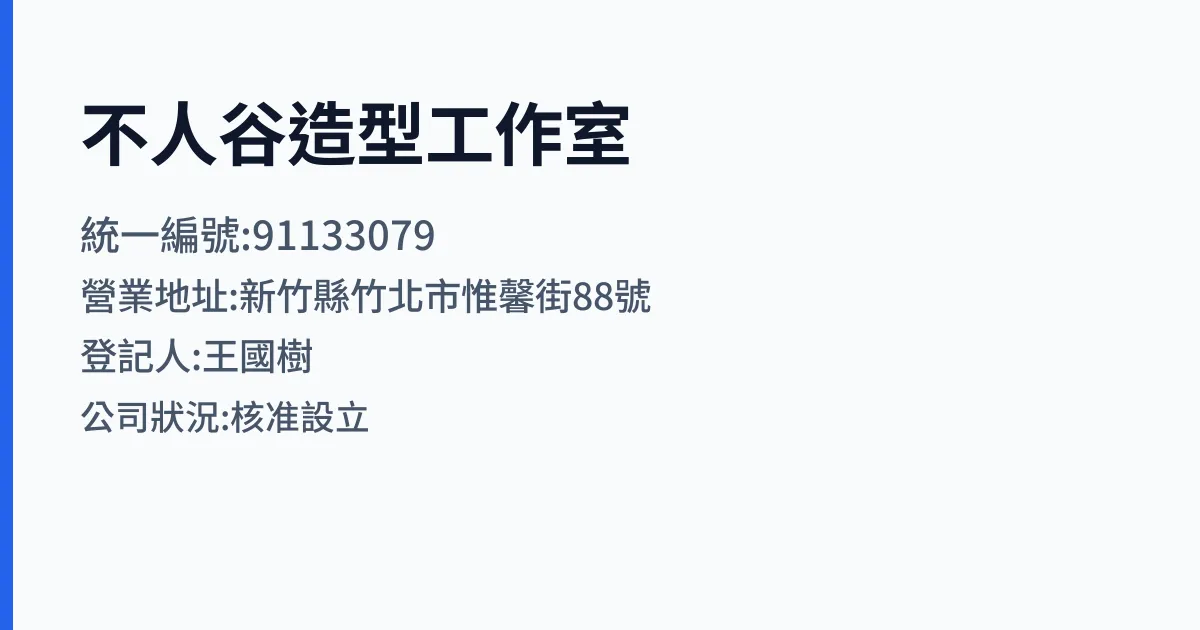 不人谷造型工作室 - 統編 91133079(新竹縣) 公司登記資料與營業項目詳細圖表