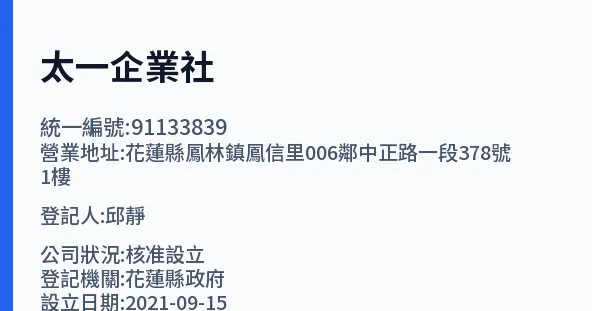 太一企業社的照片-統編 91133839(花蓮縣) 公司登記資料與營業項目詳細圖表