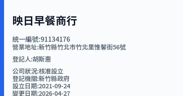 映日早餐商行的照片-統編 91134176(新竹縣) 公司登記資料與營業項目詳細圖表