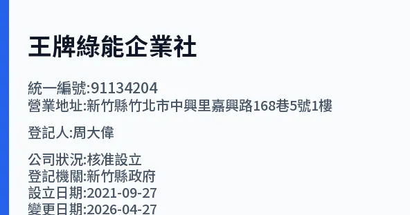 王牌綠能企業社的照片-統編 91134204(新竹縣) 公司登記資料與營業項目詳細圖表