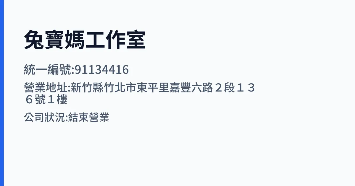 兔寶媽工作室 - 統編 91134416(新竹縣) 公司登記資料與營業項目詳細圖表