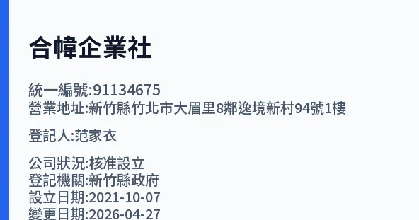 合幃企業社的照片-統編 91134675(新竹縣) 公司登記資料與營業項目詳細圖表