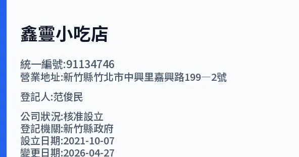 鑫靊小吃店的照片-統編 91134746(新竹縣) 公司登記資料與營業項目詳細圖表