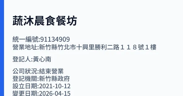 蔬沐晨食餐坊的照片-統編 91134909(新竹縣) 公司登記資料與營業項目詳細圖表