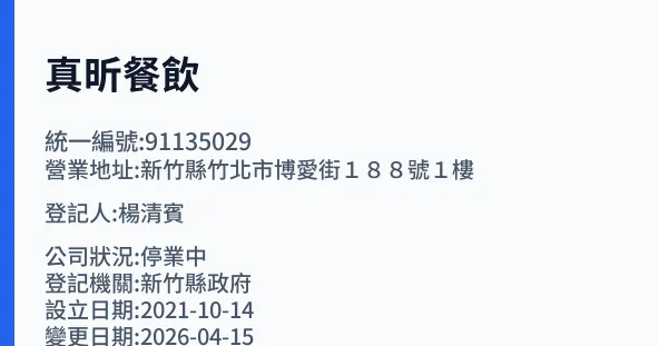 真昕餐飲的照片-統編 91135029(新竹縣) 公司登記資料與營業項目詳細圖表