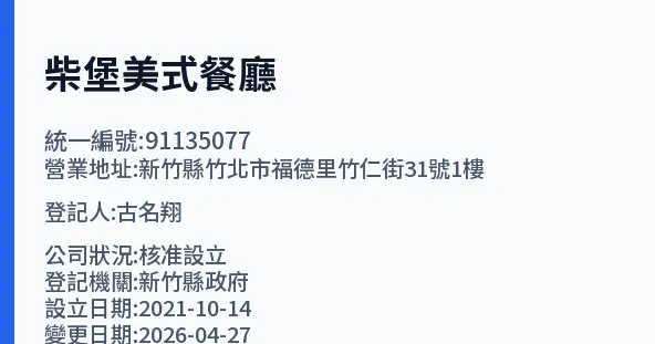 柴堡美式餐廳的照片-統編 91135077(新竹縣) 公司登記資料與營業項目詳細圖表