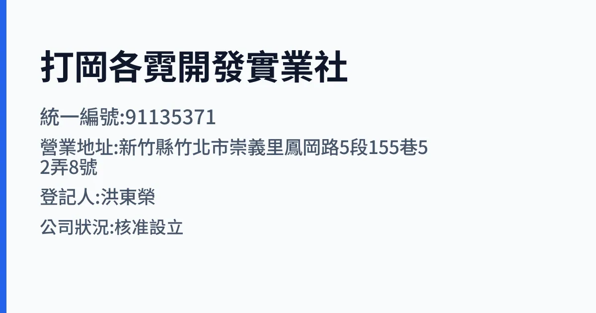 打岡各霓開發實業社 - 統編 91135371(新竹縣) 公司登記資料與營業項目詳細圖表