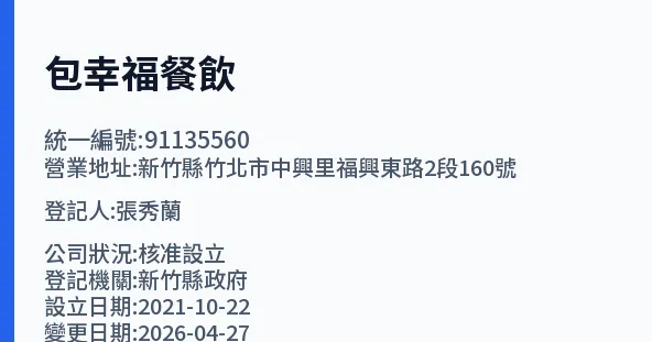 包幸福餐飲的照片-統編 91135560(新竹縣) 公司登記資料與營業項目詳細圖表