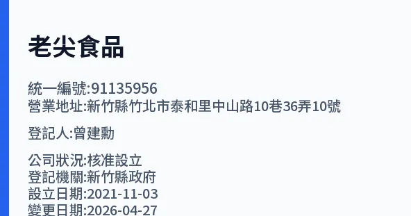 老尖食品的照片-統編 91135956(新竹縣) 公司登記資料與營業項目詳細圖表
