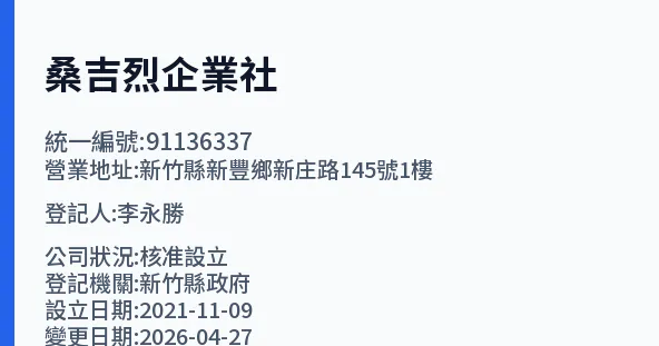 桑吉烈企業社的照片-統編 91136337(新竹縣) 公司登記資料與營業項目詳細圖表