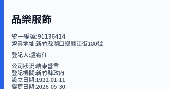 品樂服飾的照片-統編 91136414(新竹縣) 公司登記資料與營業項目詳細圖表