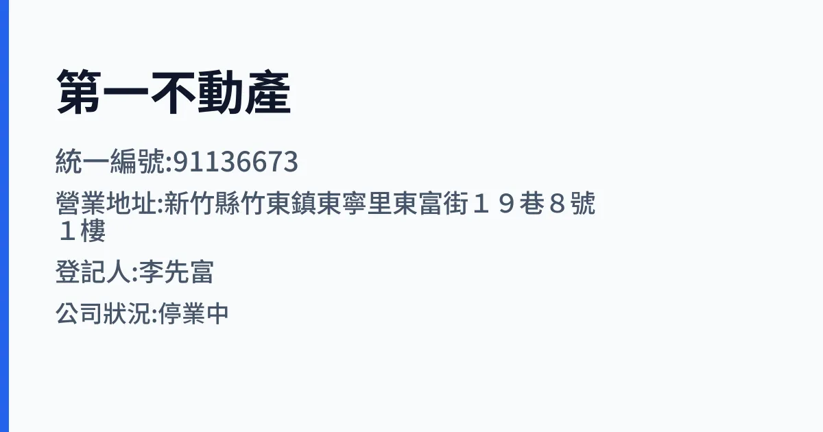 第一不動產 - 統編 91136673(新竹縣) 公司登記資料與營業項目詳細圖表