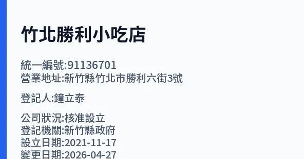 竹北勝利小吃店的照片-統編 91136701(新竹縣) 公司登記資料與營業項目詳細圖表