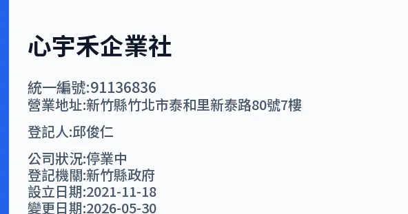 心宇禾企業社的照片-統編 91136836(新竹縣) 公司登記資料與營業項目詳細圖表