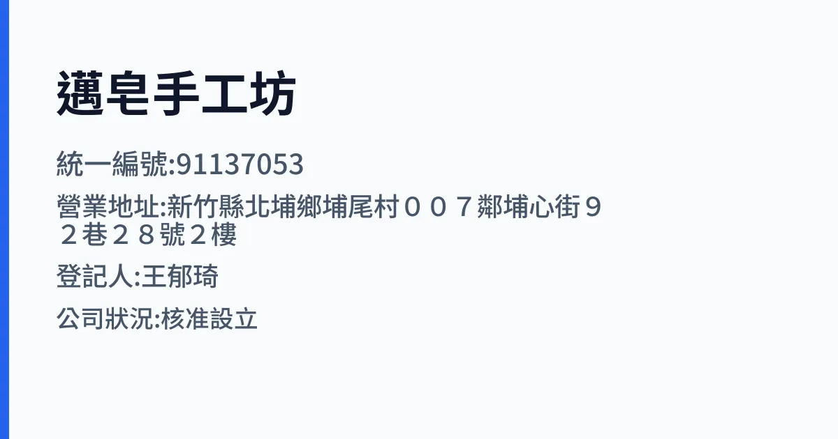 邁皂手工坊 - 統編 91137053(新竹縣) 公司登記資料與營業項目詳細圖表