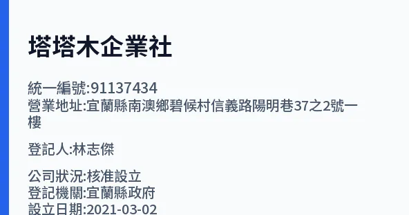 塔塔木企業社的照片-統編 91137434(宜蘭縣) 公司登記資料與營業項目詳細圖表