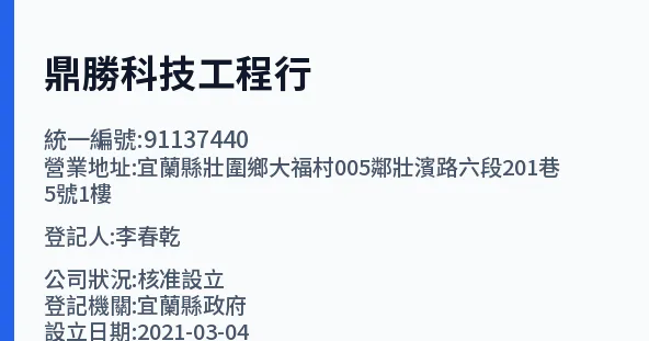 鼎勝科技工程行的照片-統編 91137440(宜蘭縣) 公司登記資料與營業項目詳細圖表