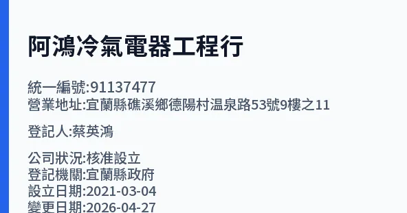 阿鴻冷氣電器工程行的照片-統編 91137477(宜蘭縣) 公司登記資料與營業項目詳細圖表