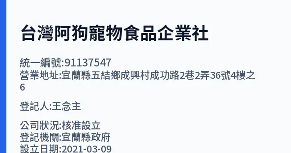 台灣阿狗寵物食品企業社的照片-統編 91137547(宜蘭縣) 公司登記資料與營業項目詳細圖表