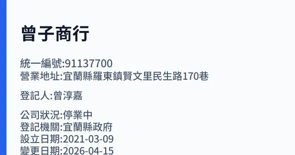 曾子商行的照片-統編 91137700(宜蘭縣) 公司登記資料與營業項目詳細圖表