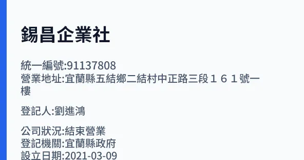 錫昌企業社的照片-統編 91137808(宜蘭縣) 公司登記資料與營業項目詳細圖表