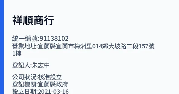 祥順商行的照片-統編 91138102(宜蘭縣) 公司登記資料與營業項目詳細圖表