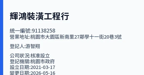輝鴻裝潢工程行的照片-統編 91138258(桃園市) 公司登記資料與營業項目詳細圖表