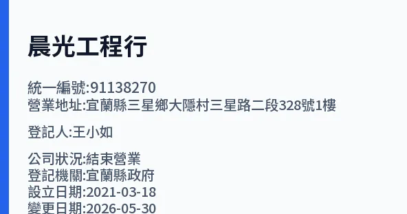 晨光工程行的照片-統編 91138270(宜蘭縣) 公司登記資料與營業項目詳細圖表