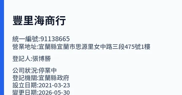 豐里海商行的照片-統編 91138665(宜蘭縣) 公司登記資料與營業項目詳細圖表