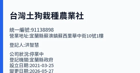 台灣土狗栽種農業社的照片-統編 91138898(宜蘭縣) 公司登記資料與營業項目詳細圖表