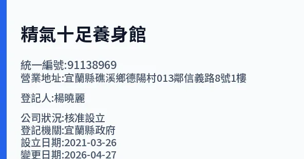 精氣十足養身館的照片-統編 91138969(宜蘭縣) 公司登記資料與營業項目詳細圖表