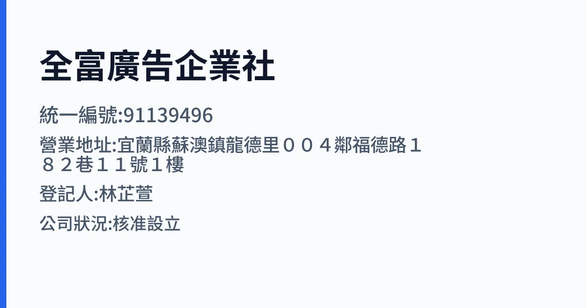 全富廣告企業社 - 統編 91139496(宜蘭縣) 公司登記資料與營業項目詳細圖表
