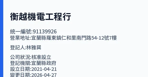 衡越機電工程行的照片-統編 91139926(宜蘭縣) 公司登記資料與營業項目詳細圖表