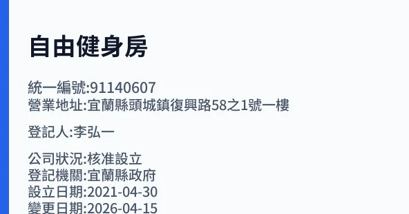 自由健身房的照片-統編 91140607(宜蘭縣) 公司登記資料與營業項目詳細圖表