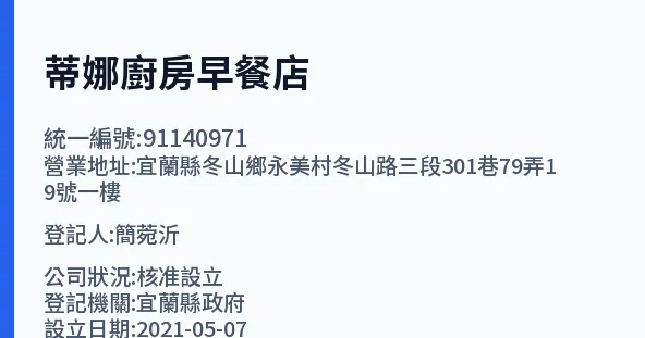 蒂娜廚房早餐店的照片-統編 91140971(宜蘭縣) 公司登記資料與營業項目詳細圖表